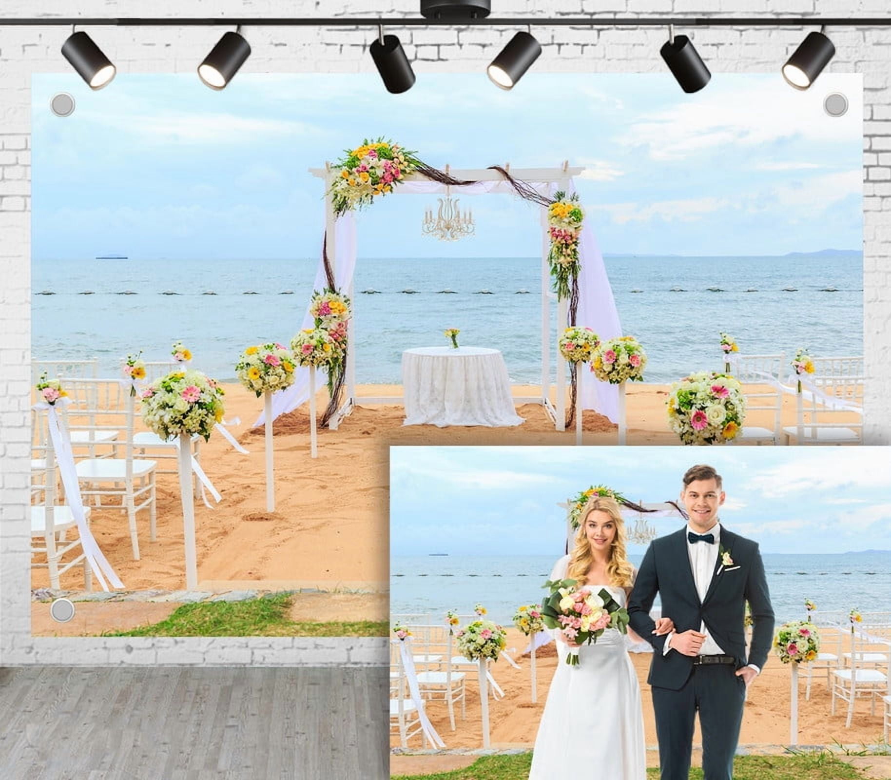 6x4ft Seaside Wedding Photoshoot Backdrop Floral Arch with Draped Tulle ...