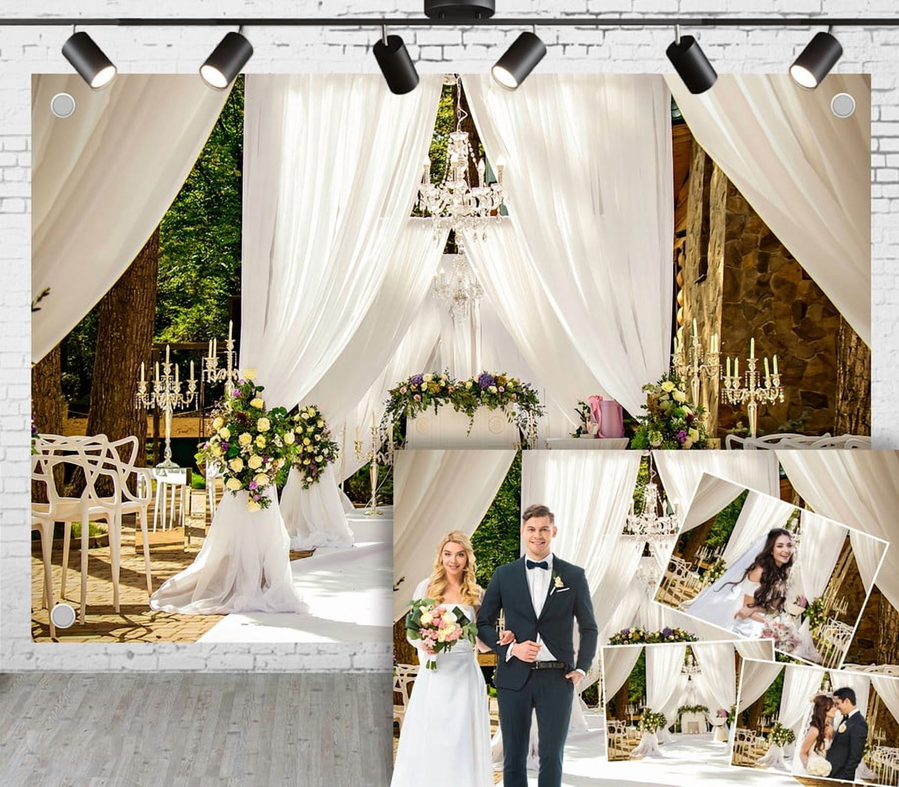 6x4ft White Gauze Wedding Backdrop，White Gauze Crystal Lamps Floral ...
