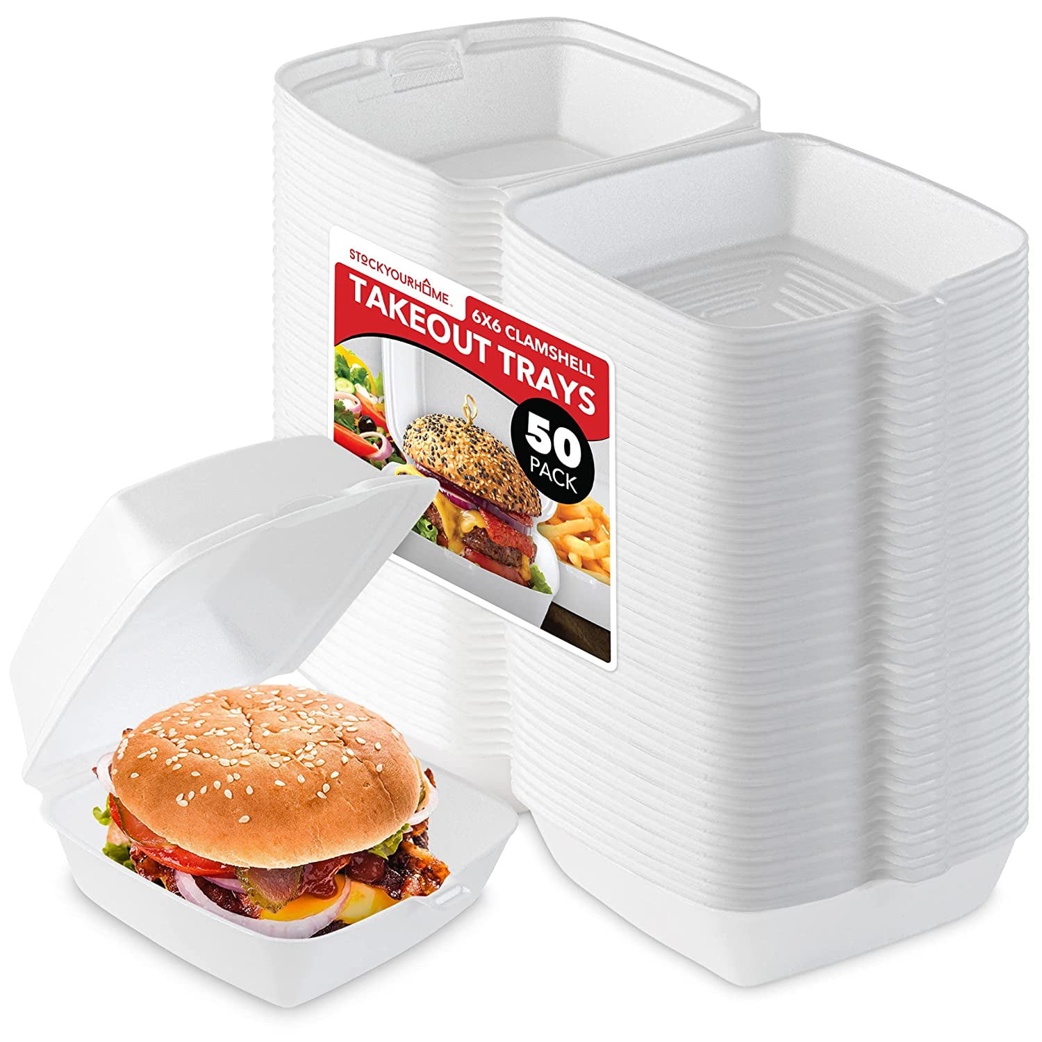 6x6 Clamshell Take Out Boxes (50 Pack) Small 1-Compartment Foam Food ...