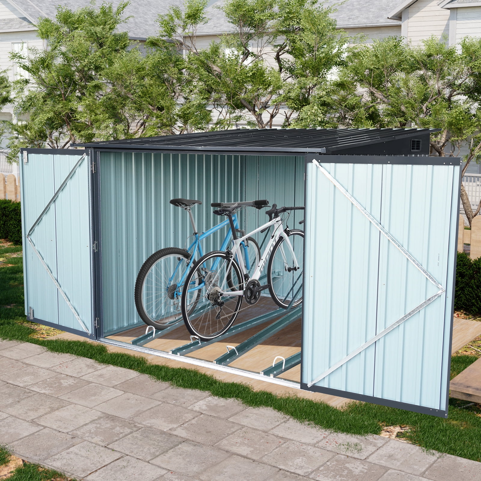 6x6 FT Bicycle Storage Shed with Sloped Roof, Double Doors,4 Adjustable ...