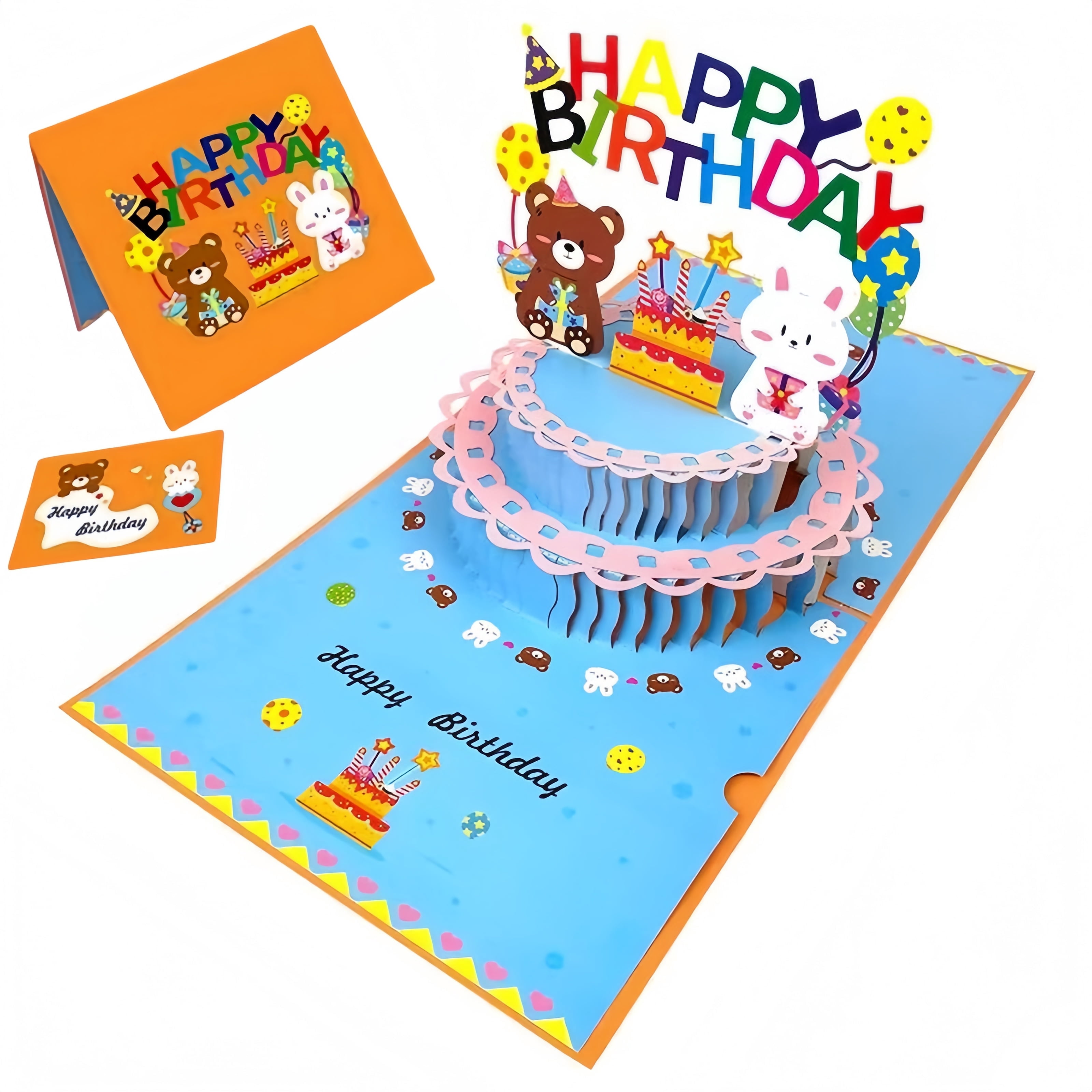 6x6 Inch 3D Pop-Up Birthday Card with Bear and Bunny Cake, High-End ...