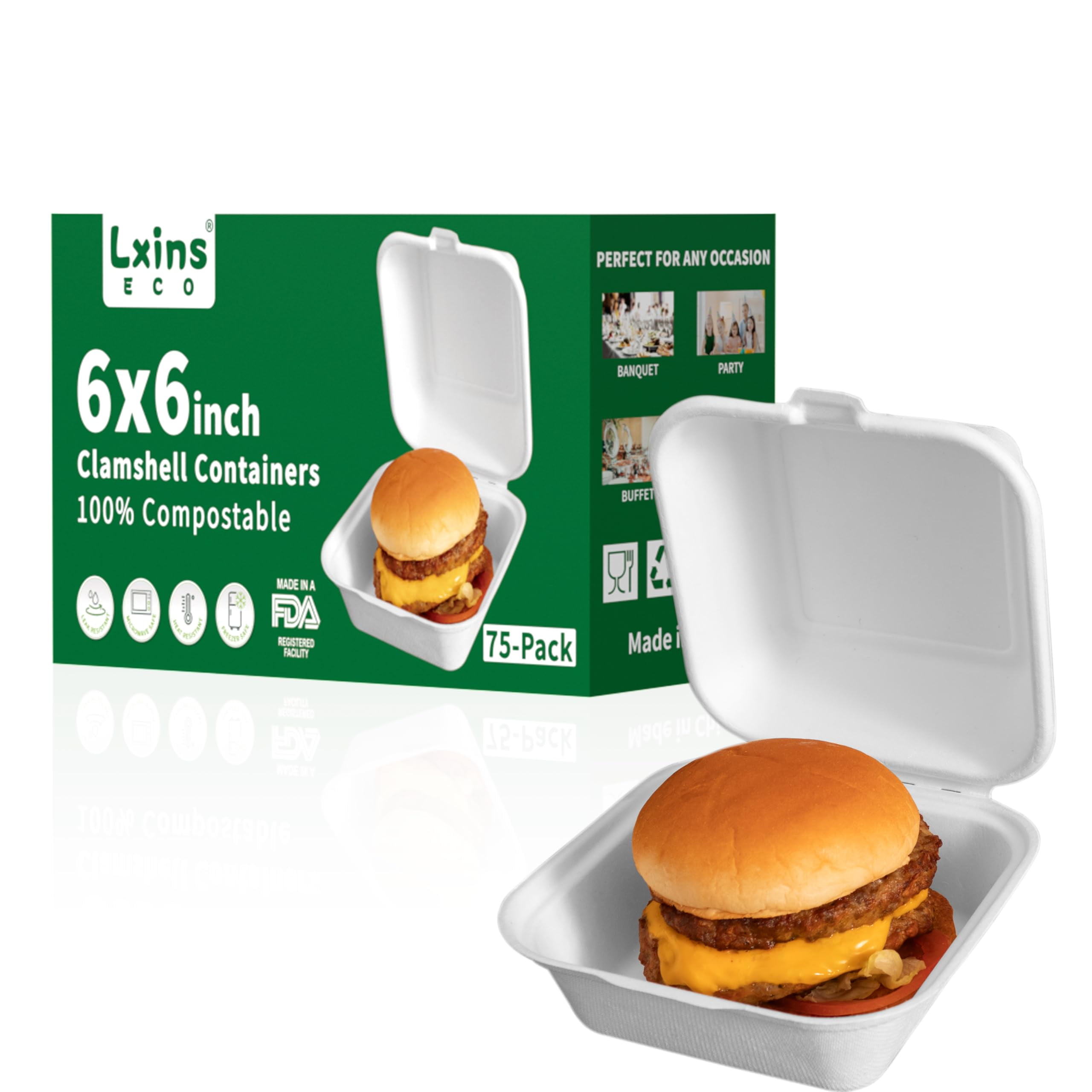 6x6 Inch Heavy Duty Clamshell Take Out Containers 【75 Pack ...