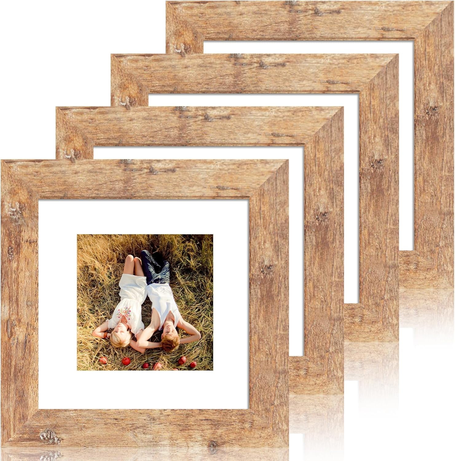 6x6 Picture Frame Set of 4 with Real Glass, Rustic Brown Frames Display ...