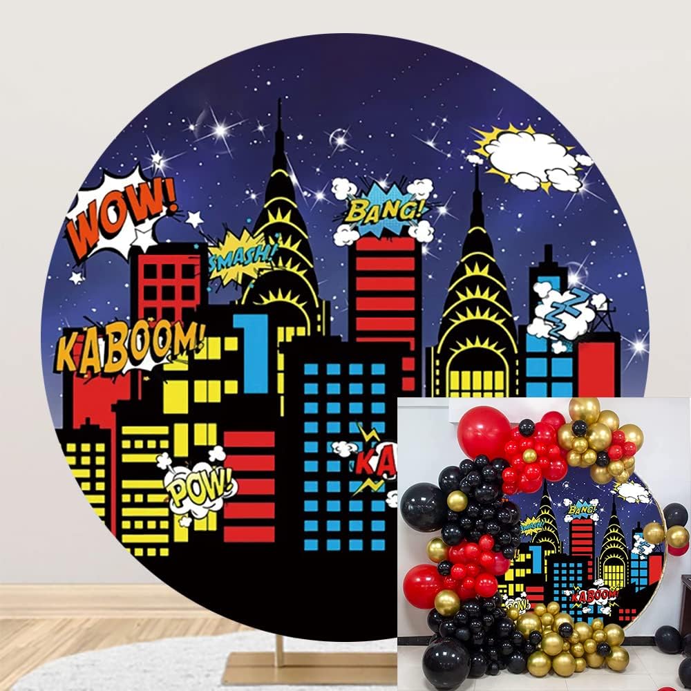 6x6ft Super City Round Backdrop Cartoon City Skyline Buildings Night ...