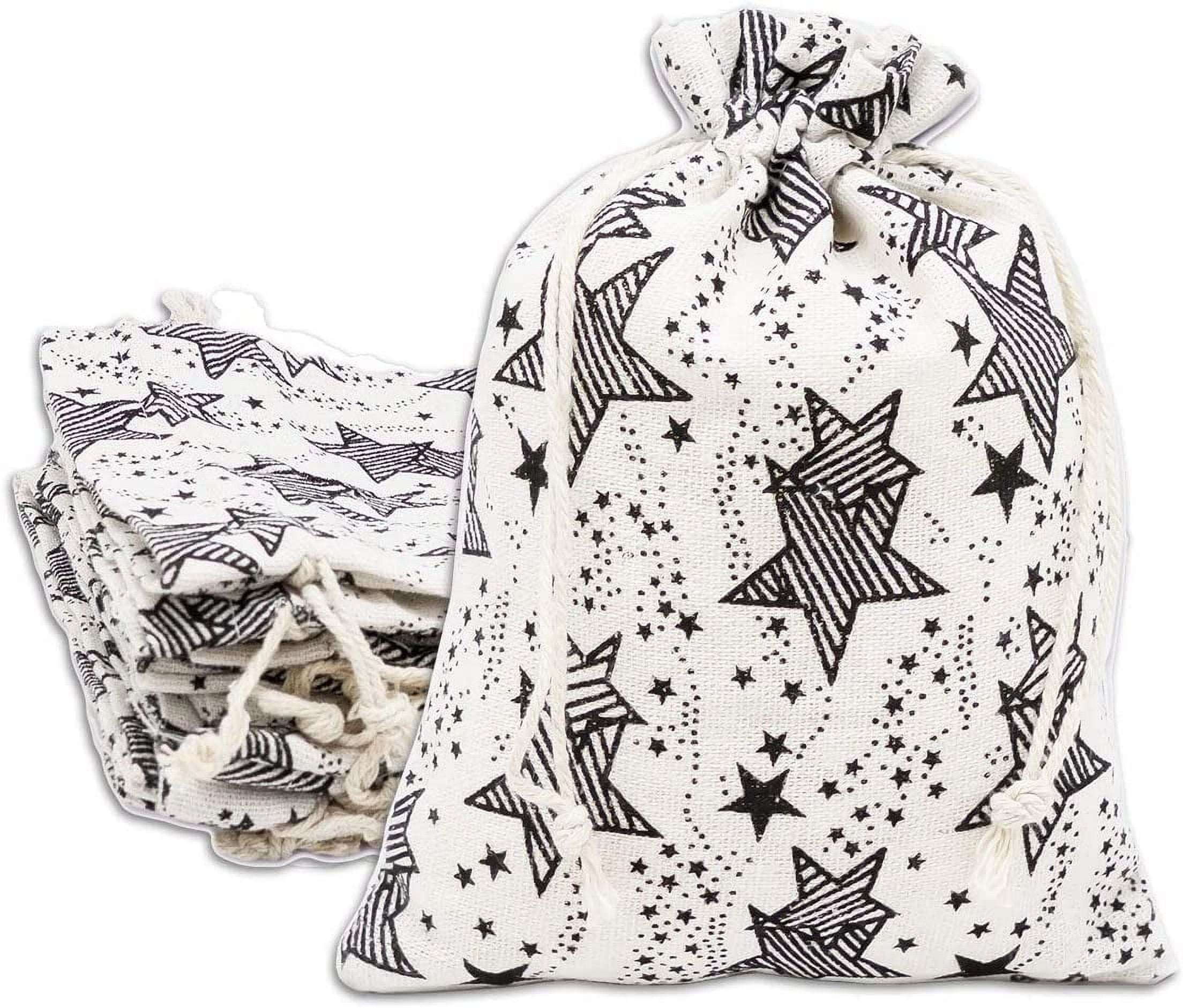 6x8 Cotton Canvas Muslin Reusable Gift Bags w. Drawstrings (Black Stars ...