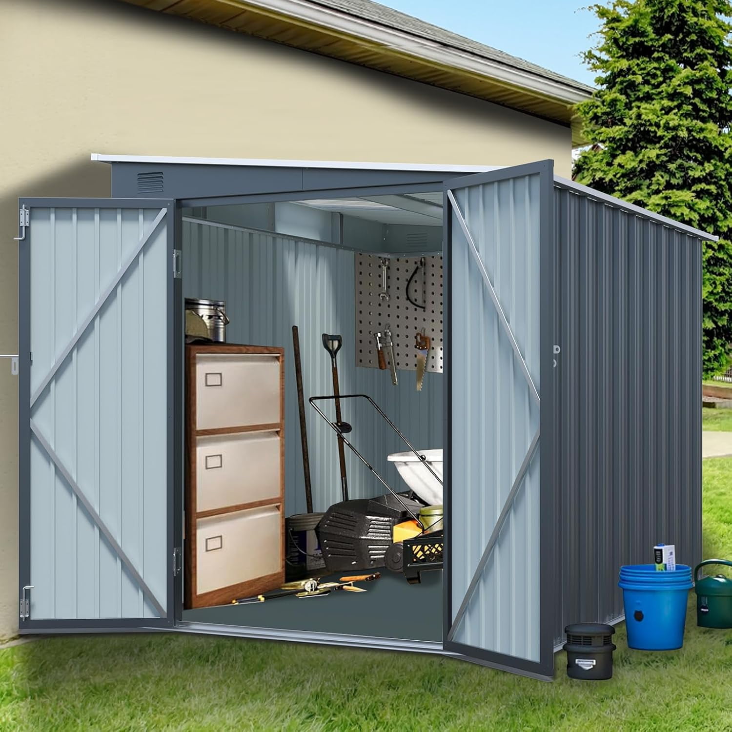 6x8 FT Outdoor Storage Shed, Galvanized Steel Metal Storage Shed with ...