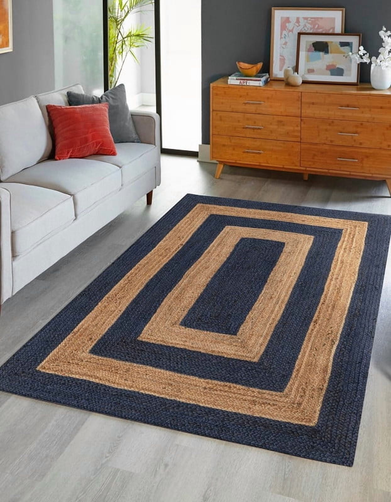 6x8 Ft Navy Blue & Natural Jute Area Rug | Handmade | Solid Farmhouse ...