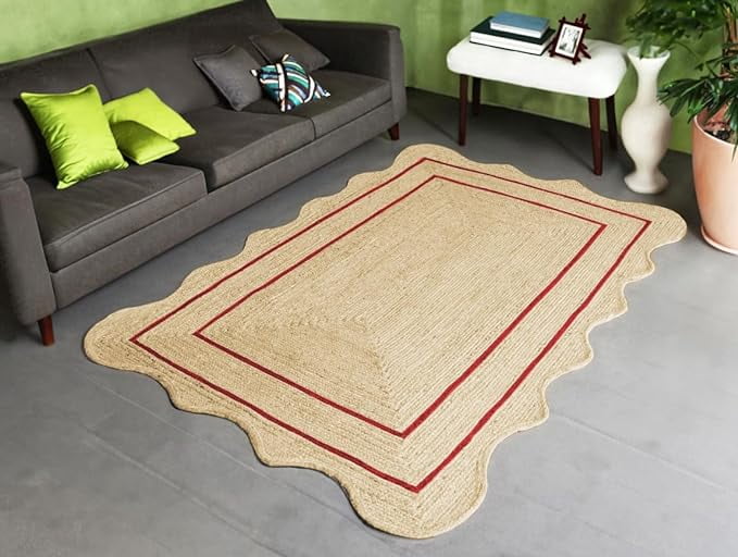 6x8 Ft Red Border Premium Scalloped Jute Rug – Handcrafted Natural ...