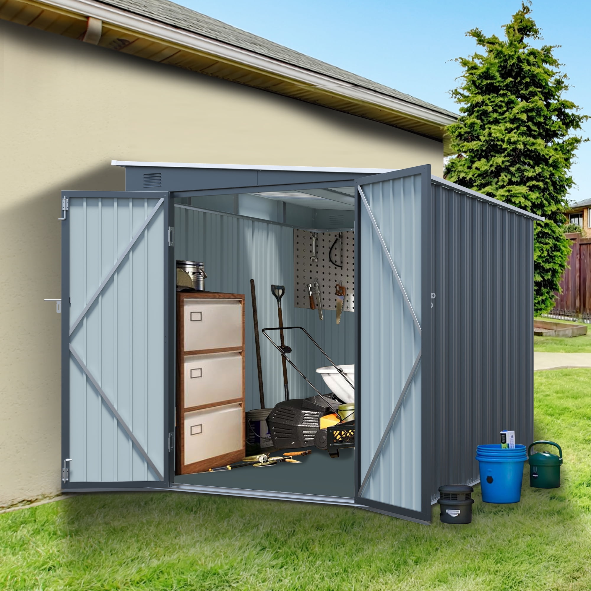 6x8FT Galvanized Steel Outdoor Storage Shed with Lockable Double Doors ...