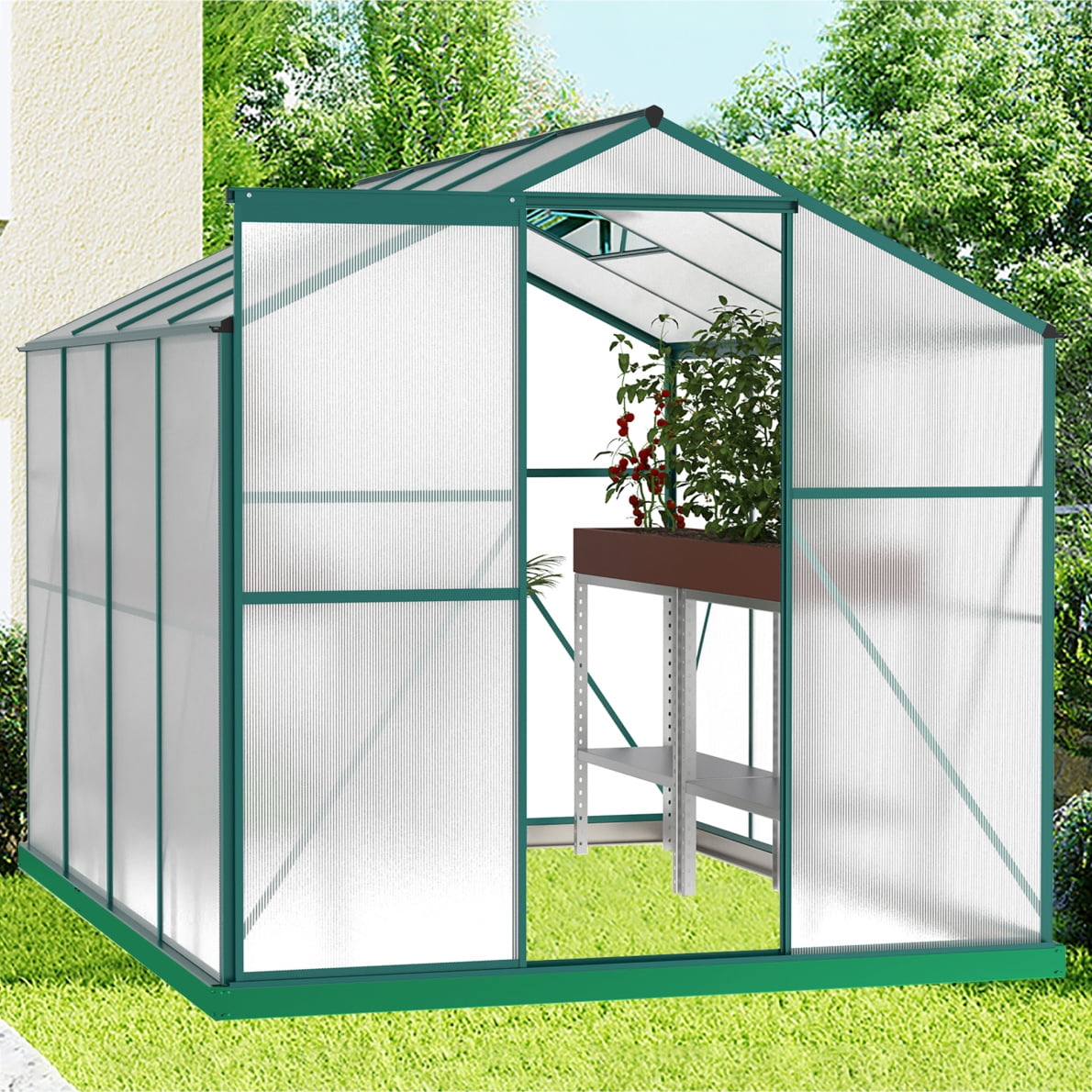 6x8FT Polycarbonate Greenhouse with Adjustable Roof and Drainage System ...
