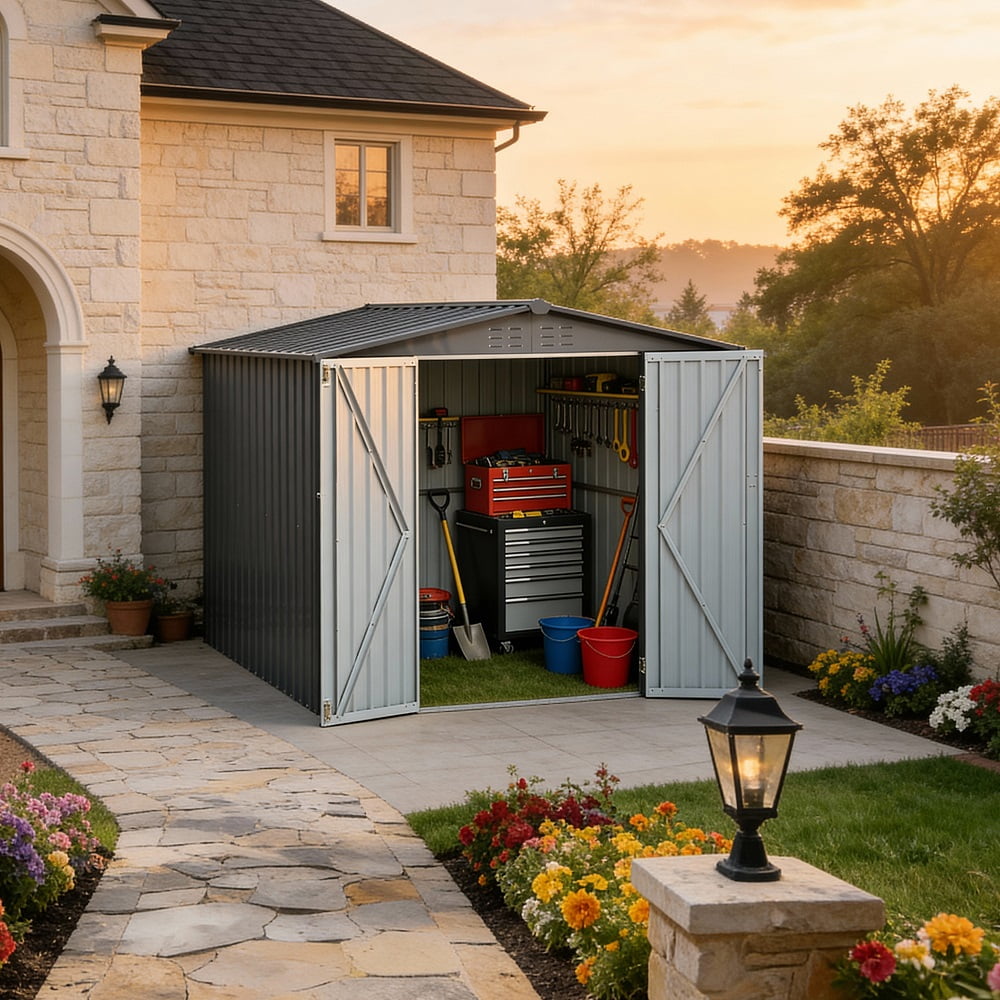 6x8ft Metal Storage Shed with Double Doors, Heavy-Duty Galvanized Steel ...