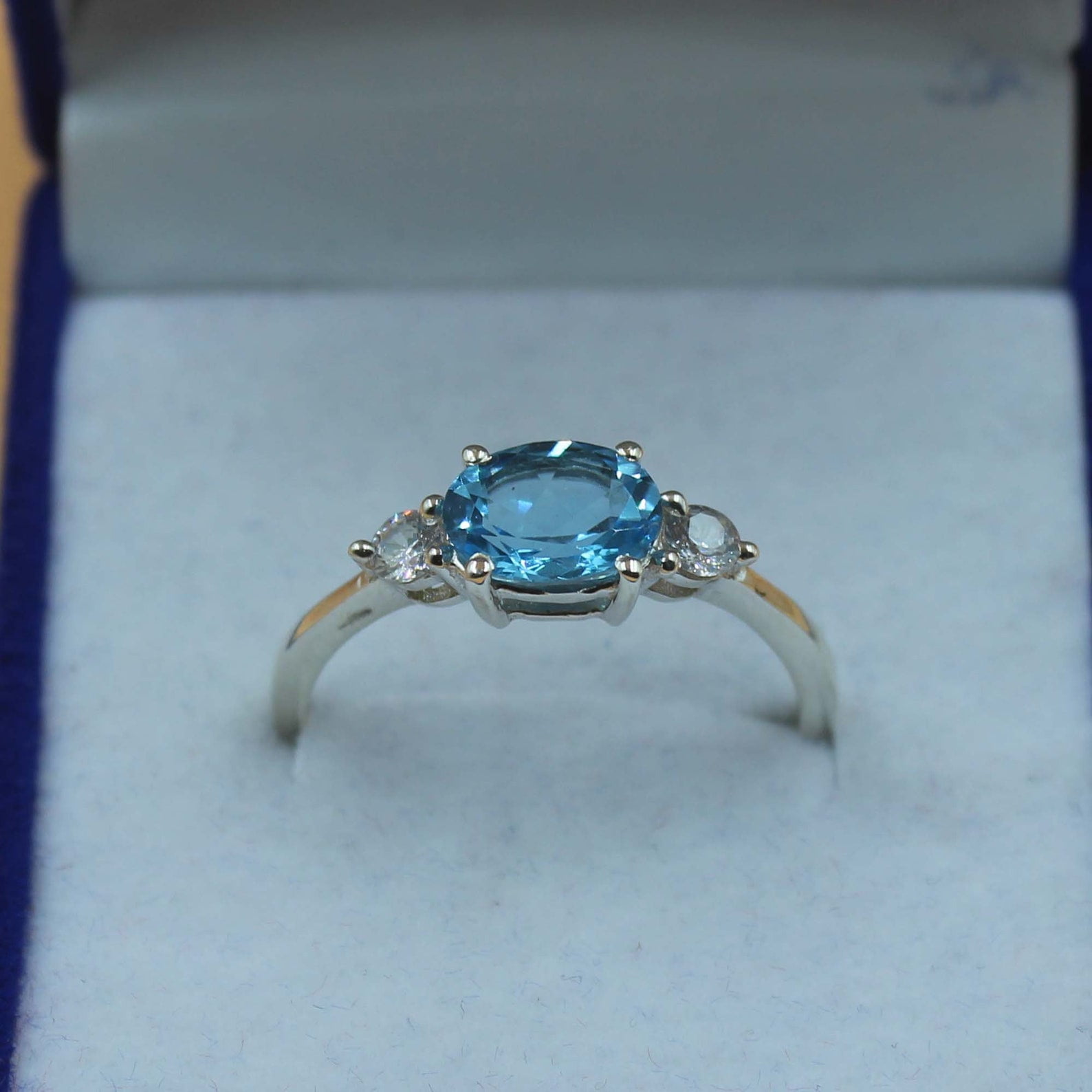 6x8mm Swiss Blue Topaz Handmade Ring, Oval Cut Three Gemstone Ring, 925 ...