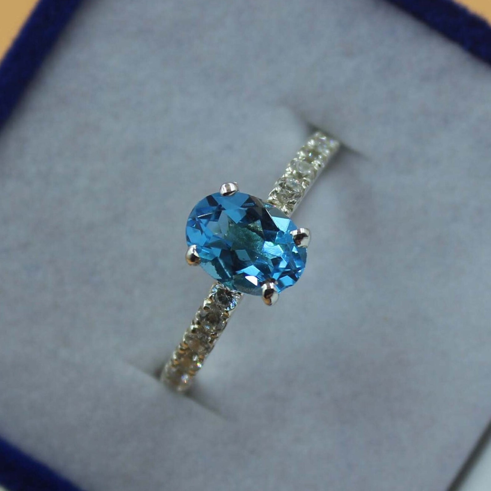 6x8mm Swiss Blue Topaz Sterling Silver Ring, Oval Cut Halo Engagement ...