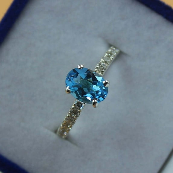 6x8mm Swiss Blue Topaz Sterling Silver Ring, Oval Cut Halo Engagement ...