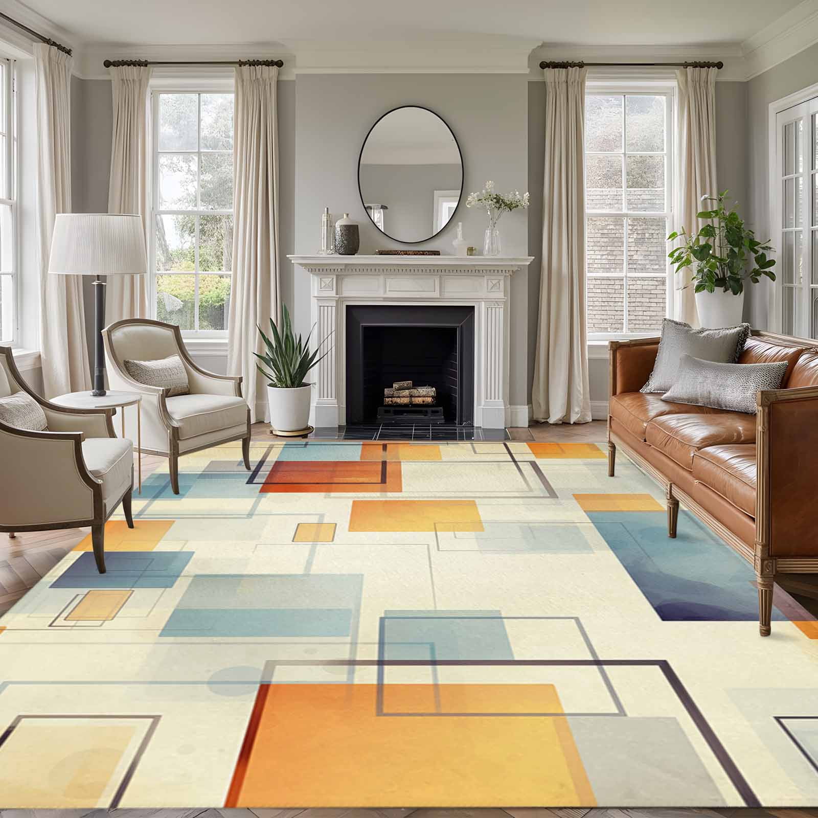 6x9 Abstract Geometric Vintage Large Area Rug for Living Room, Washable ...