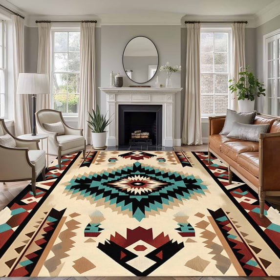 6x9 Abstract Teal Beige Geometric Large Area Rug for Living Room ...