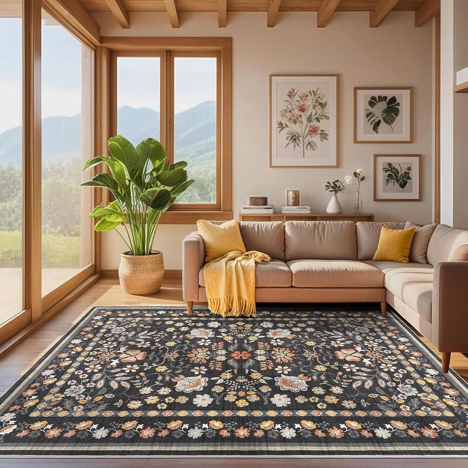 6x9 Area Rug Living Room Rugs - Washable Boho Vintage Floral Large Soft ...