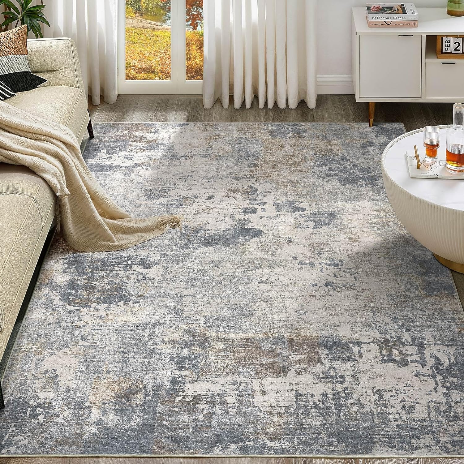 6x9 Area Rug for Living Room - Washable Neutral Modern Abstract Soft ...