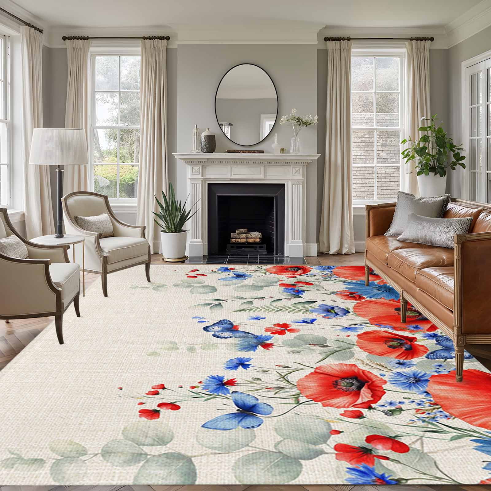 6x9 Area Rugs for Living Room, Blue Red Flowers Non Slip Area Rugs for ...