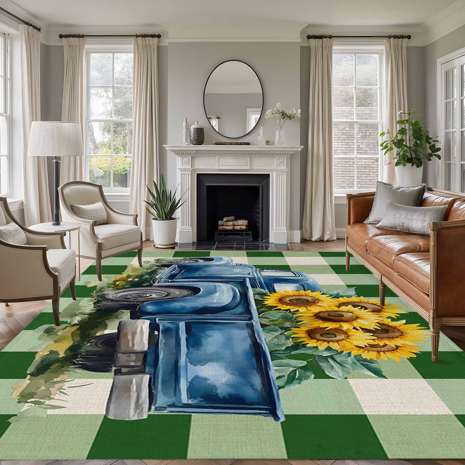 6x9 Area Rugs for Living Room, Blue Truck Yellow Sunflower Non Slip ...