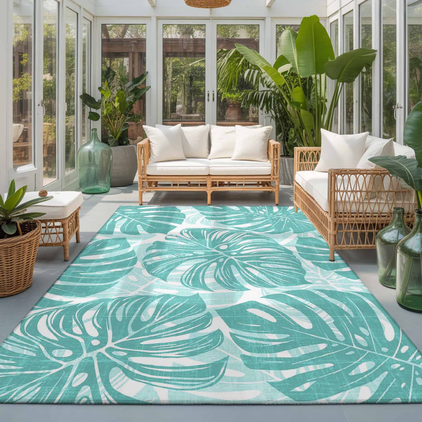 6x9 Area Rugs for Living Room, Turquoise Monstera Deliciosa Non Slip ...