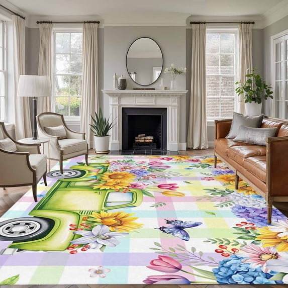 6x9 Area Rugs for Living Room, Watercolor Truck Flowers Non Slip Area ...