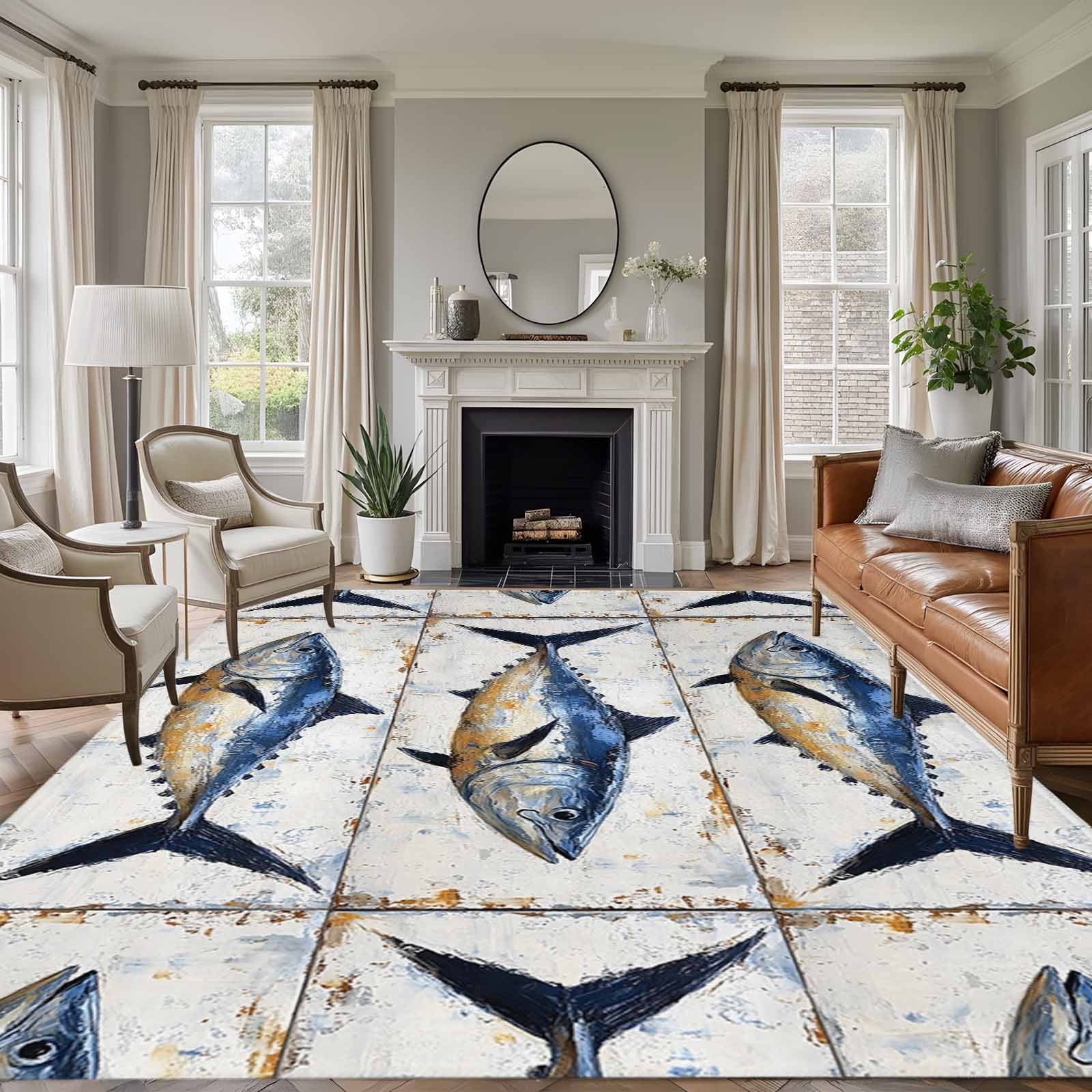 6x9 Area Rugs for Living Room, White Navy Blue Fish Non Slip Area Rugs ...