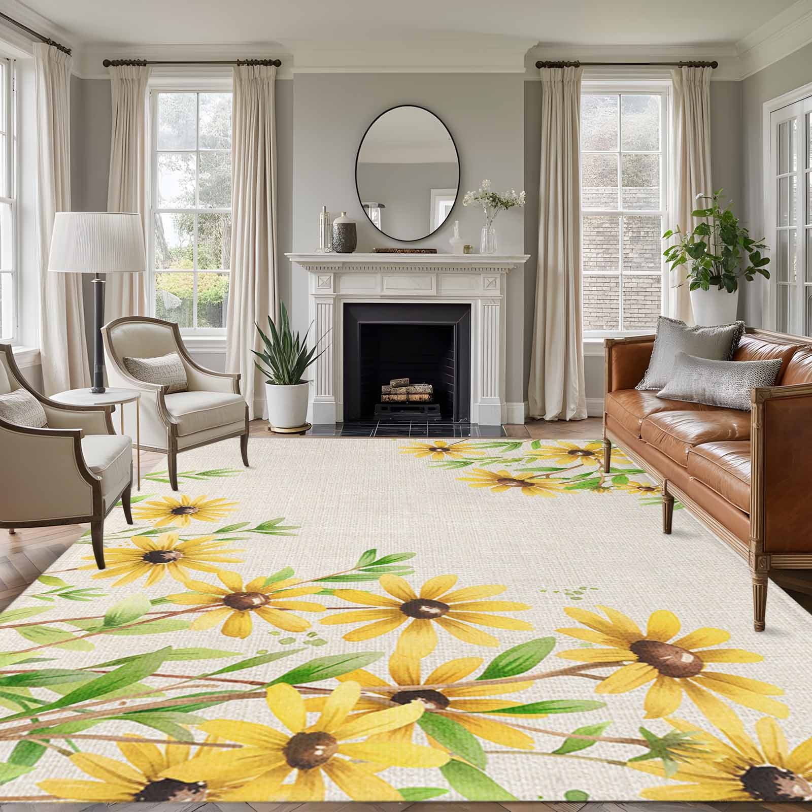 6x9 Area Rugs for Living Room, Yellow Daisy Flowers Non Slip Area Rugs ...