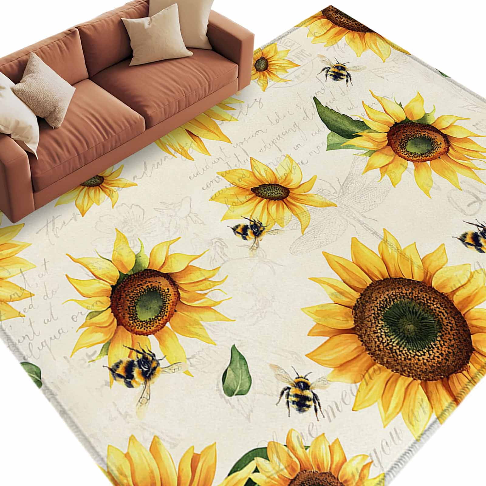 6x9 Area Rugs for Living Room, Yellow Sunflowers Bees Non Slip Area ...