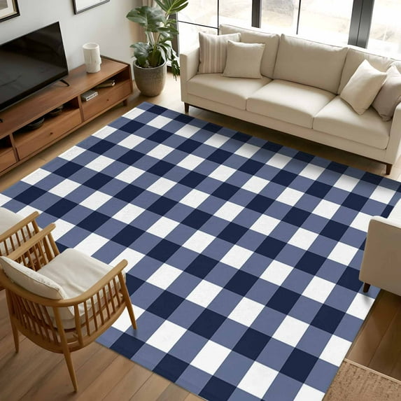 6x9 Area Rugs, Navy Blue Check Non-Skid Rubber Backing Large Rectangle ...