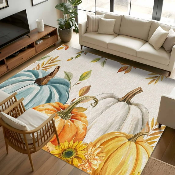 6x9 Area Rugs, Orange White Pumpkin Fall Non-Skid Rubber Backing Large ...