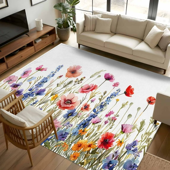 6x9 Area Rugs, Pastoral Spring Floral Non-Skid Rubber Backing Large ...