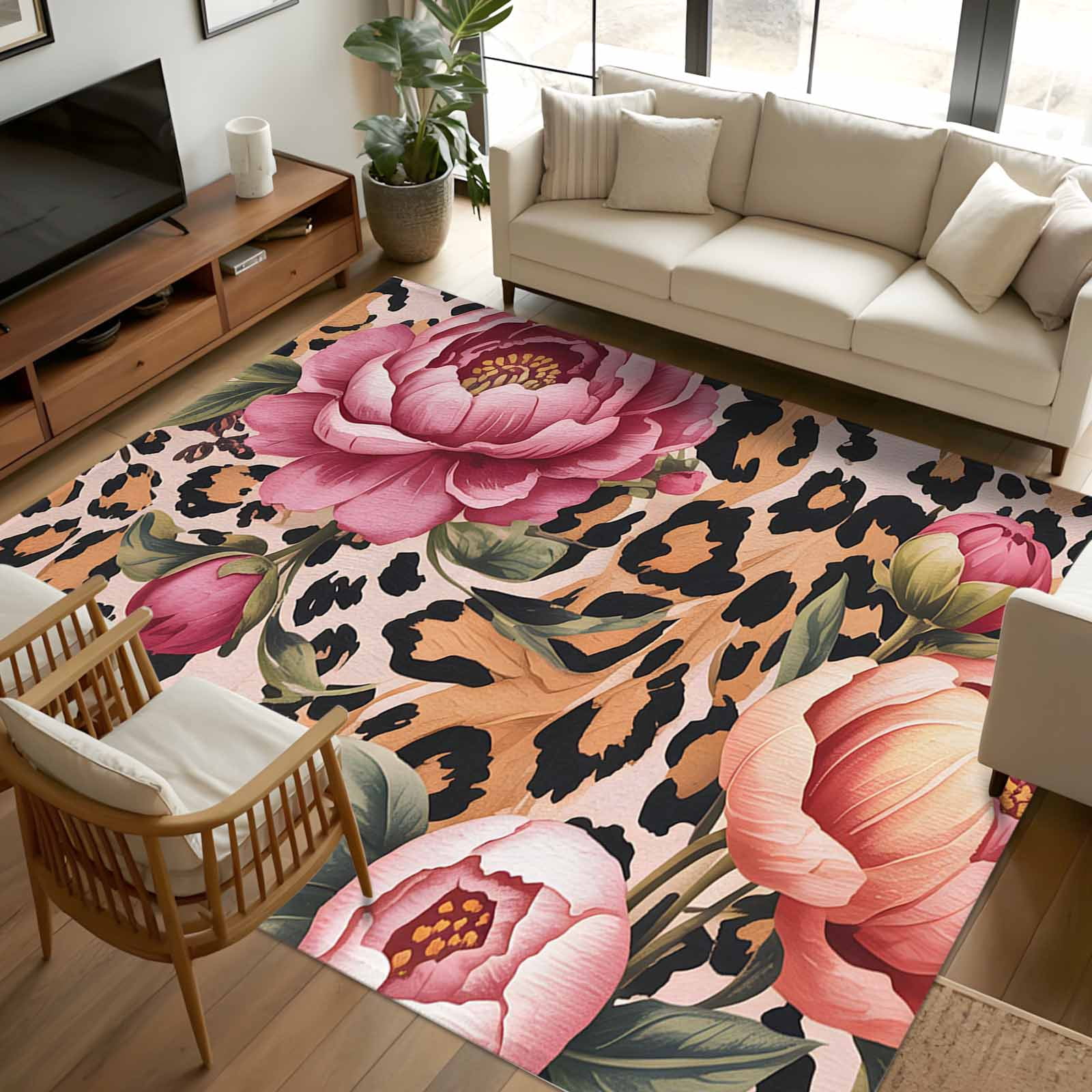 6x9 Area Rugs, Pink Flowers Non-Skid Rubber Backing Large Rectangle ...