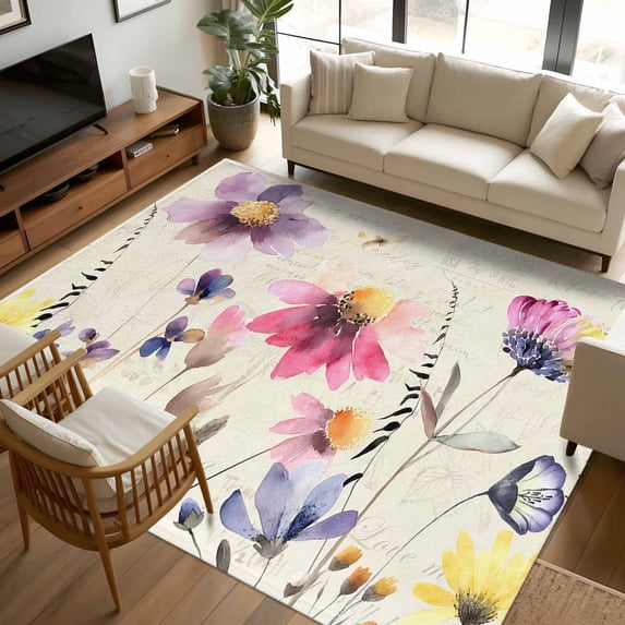 6x9 Area Rugs, Purple Spring Floral Non-Skid Rubber Backing Large ...