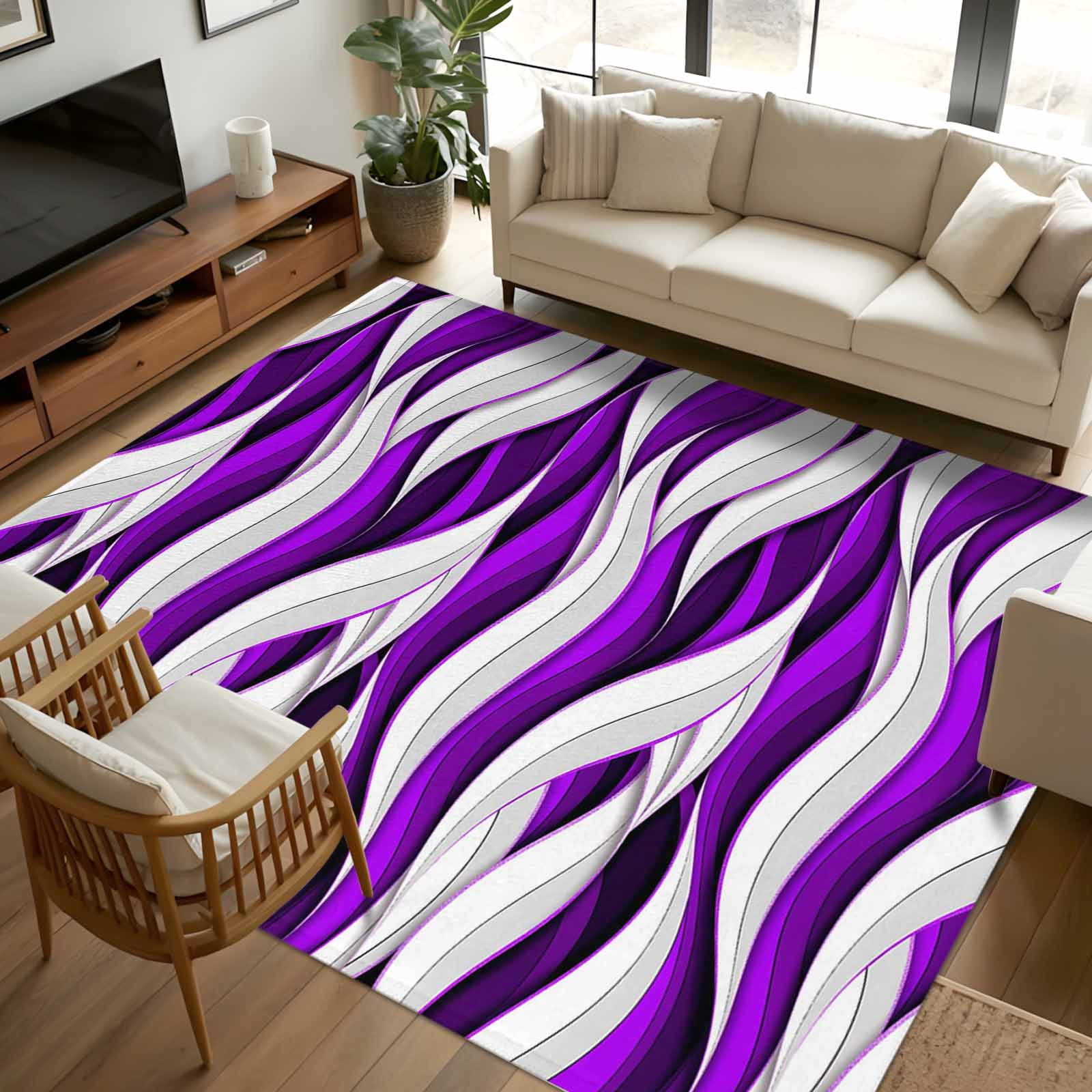 6x9 Area Rugs, Purple White Moire Non-Skid Rubber Backing Large ...