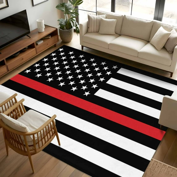 6x9 Area Rugs, Red White Stripe Fireman American Flag Non-Skid Rubber ...