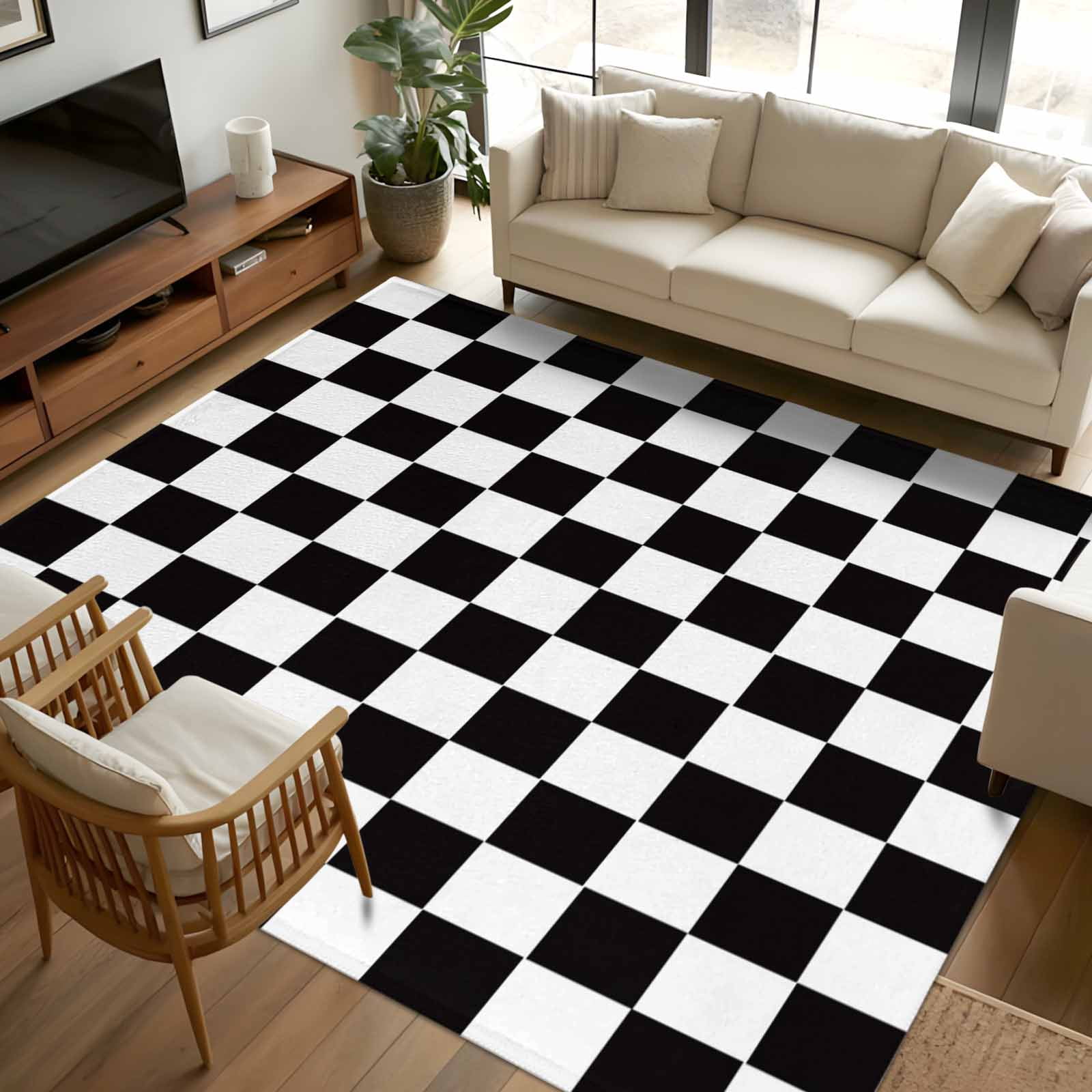 6x9 Area Rugs, Simple Black White Checkered Non-Skid Rubber Backing ...