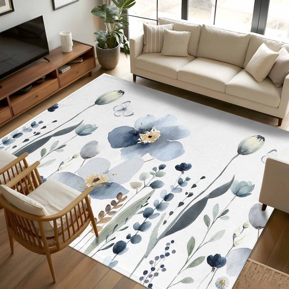 6x9 Area Rugs, Spring Blue Floral Non-Skid Rubber Backing Large ...