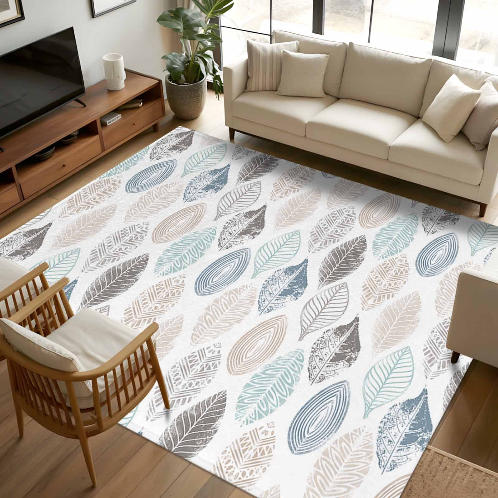 6x9 Area Rugs, Teal Beige Tropical Leaves Non-Skid Rubber Backing Large ...