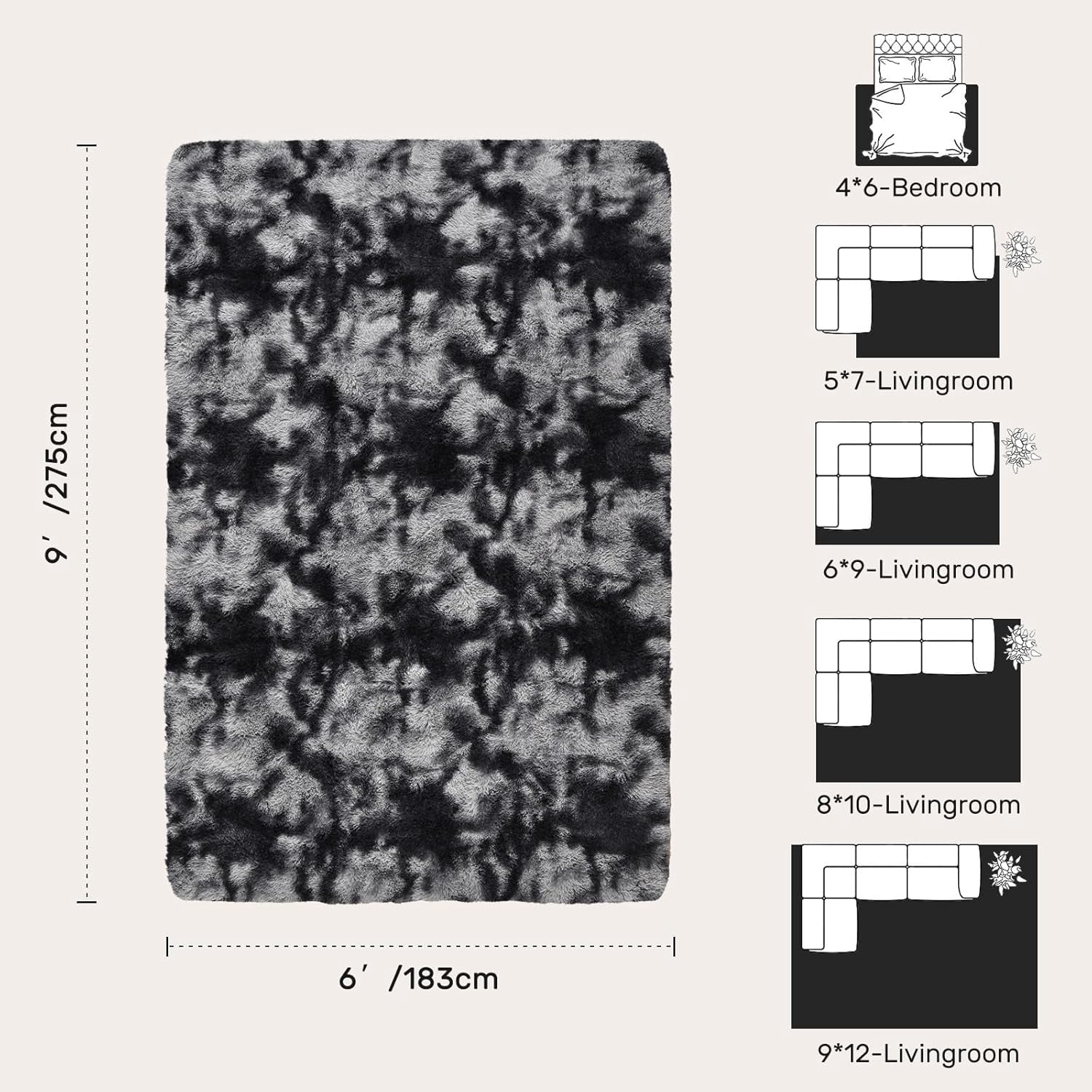 6x9 Black Grey Rugs for Living Room Fluffy Area Rug, Super Fuzzy Fur ...