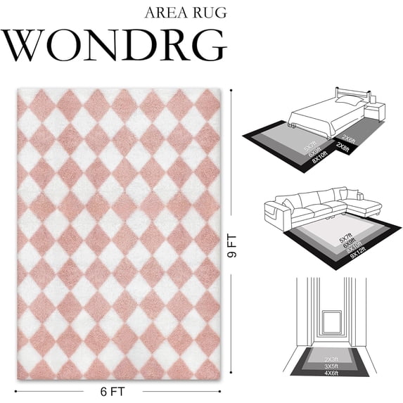 6x9 Checkered Rug for Living Room Pink and White Soft Fluffy Shag Area ...