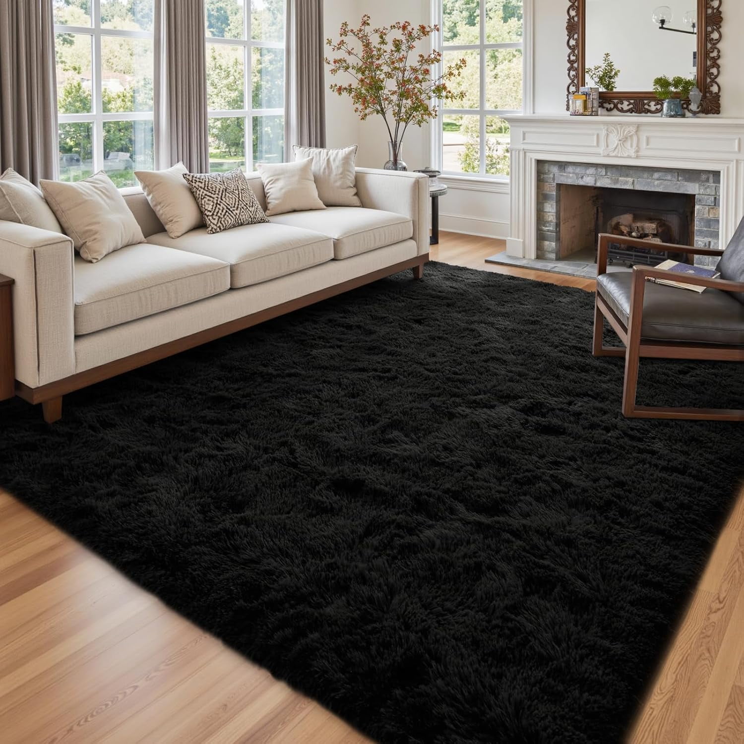 6x9 Ft Large Shag Black Rug for Living Room, Ultra Soft Fluffy Furry ...