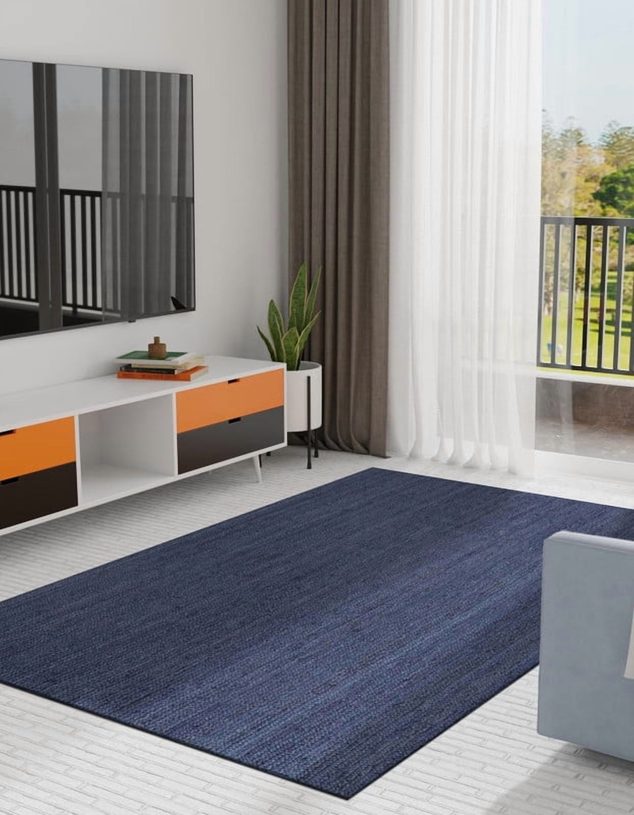 6x9 Ft Navy Blue Jute Area Rug, Hand-Woven, Reversible, Farmhouse Boho ...