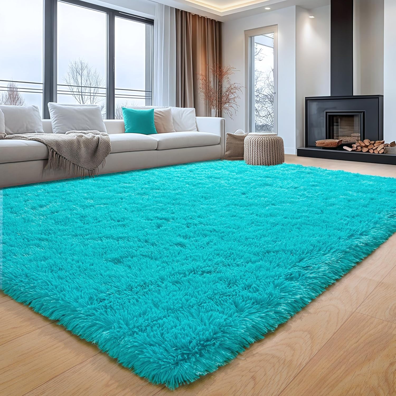 6x9 Large Area Rugs for Living Room, Teal Blue Fluffy Shag Rug for ...