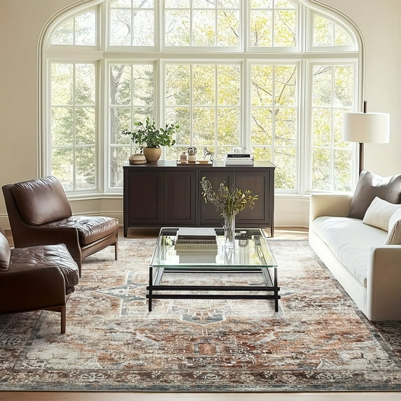 Retro Low Profile Area Rug, 6x9, Machine Washable Non-Skid Fade Proof ...