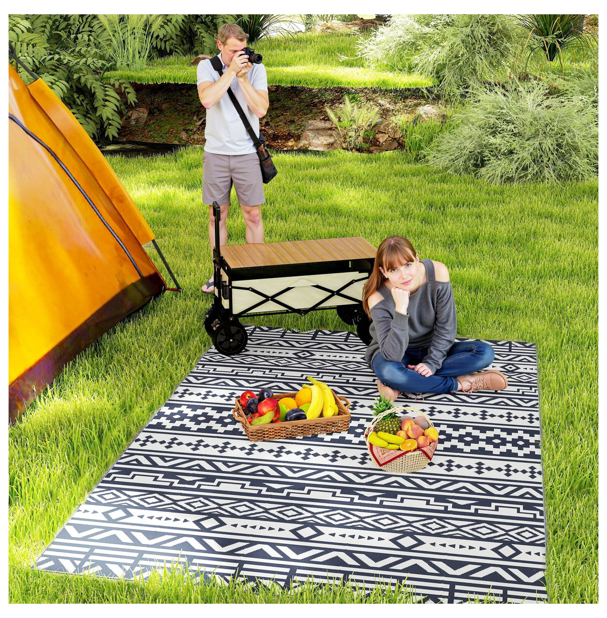 6x9 Outdoor Rug, Reversible Waterproof Plastic Straw Rug with Bag, Blue ...