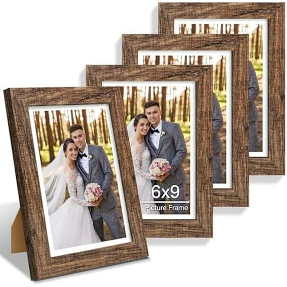 6x9 Picture Frame Set of 4, Made of Real Glass and Rustic Brown Wooden ...