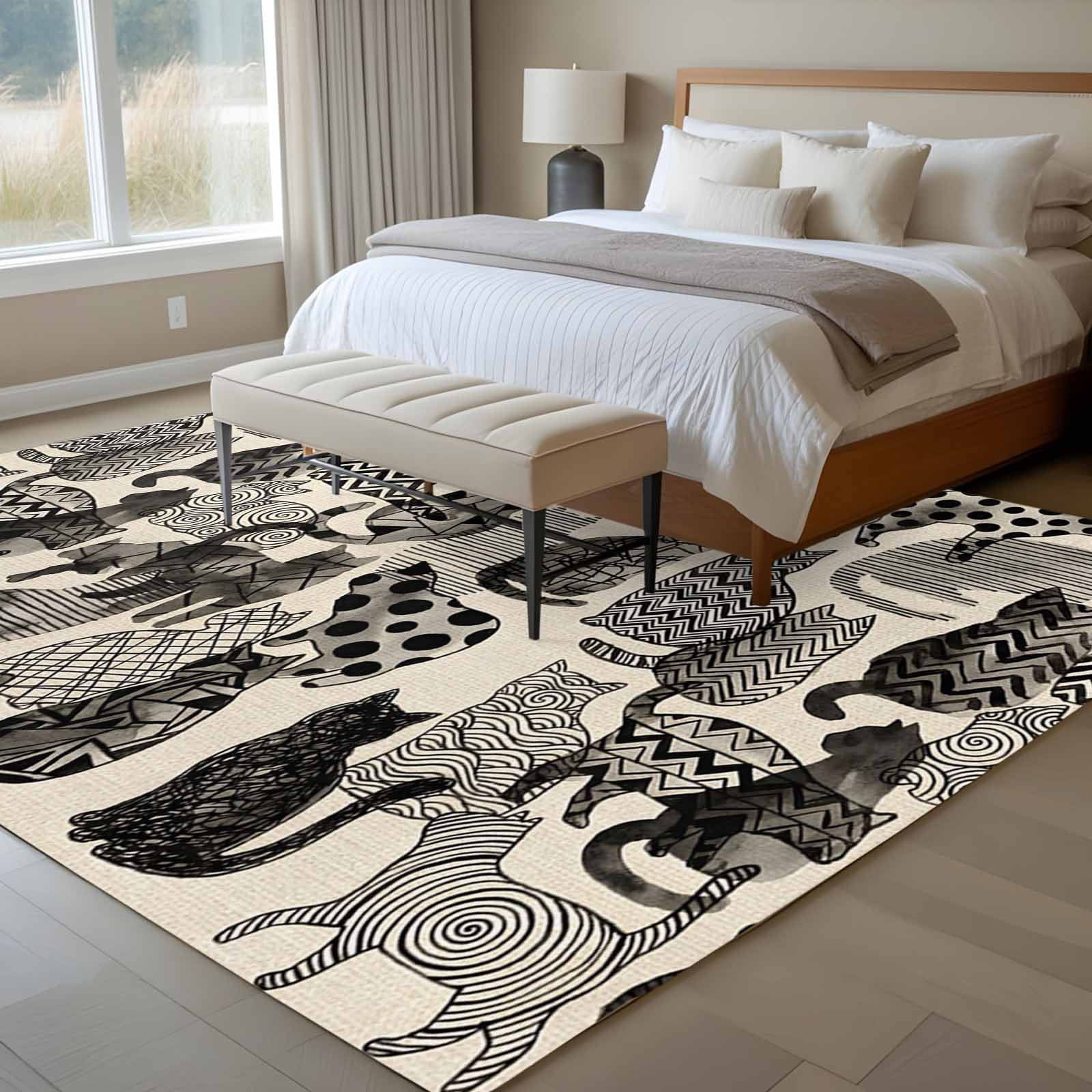 6x9 Washable Area Rug, Abstract Cat Vintage Non-Slip Large Rectangle ...