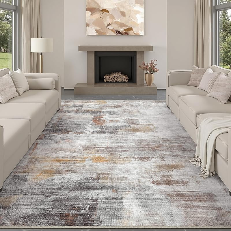 6x9 Washable Area Rug Beige Abstract Modern Living Room Bedroom Large ...