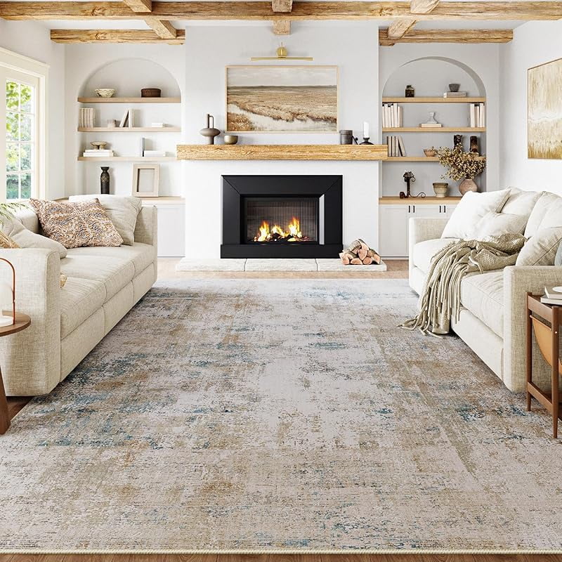 6x9 Washable Area Rug Beige Grey Neutral Abstract Living Room Bedroom ...